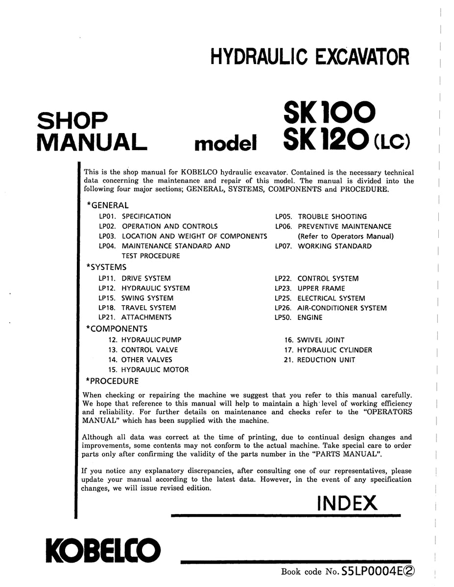 Kobelco SK100, SK120, SK120LC Crawler Excavator BEST PDF Service Repai – Xperts Manual